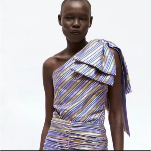 Zara | Tops | Zara Metallic Striped Purple Pink Gold Asymmetrical One ...